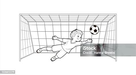 색칠 공부 젊은 축구 선수 골키퍼는 축구 골의 배경에 비행 축구 공을 잡는다 만화 스타일의 벡터 일러스트레이션 흑백 선 아트