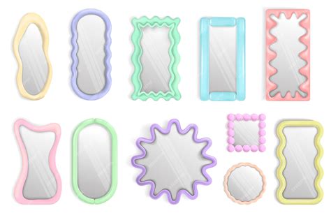 불규칙한 물결 모양의 파스텔 색상으로 된 현실적인 3d 얼룩 거울 세트 대형 벽 미니멀리스트 거울 홈 장식 프리미엄 벡터