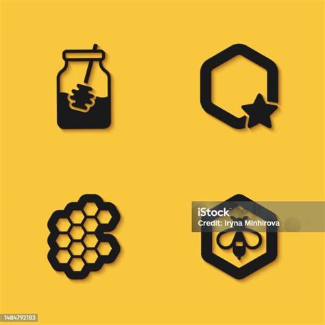 꿀 항아리와 국자 스틱 꿀벌 벌집 벌집 및 긴 그림자가 있는 아이콘을 설정합니다 벡터 0명에 대한 스톡 벡터 아트 및 기타 이미지 0명 개념 검은색 Istock