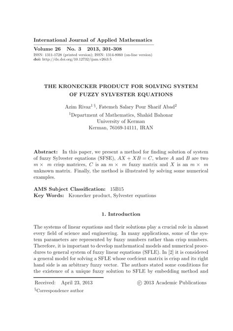 Pdf The Kronecker Product For Solving System Of Fuzzy Sylvester Equations