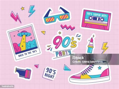 카세트 선글라스 운동화 사진 등이 있는 레트로 패치 배지 90 년대 파티 분홍색 배경에 벡터 그림입니다 스티커 핀 트렌디한 90