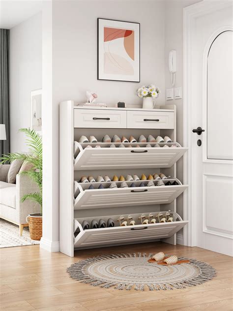 Hzanhy White Shoe Cabinet With 3 Flip Drawers Freestanding