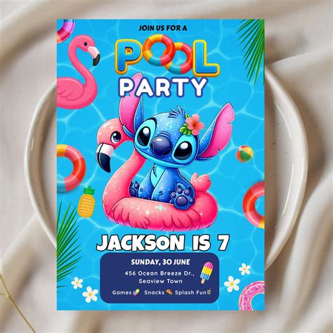Stitch Pool Party Birthday Invitation Stitch Lilo Party Invite Cute
