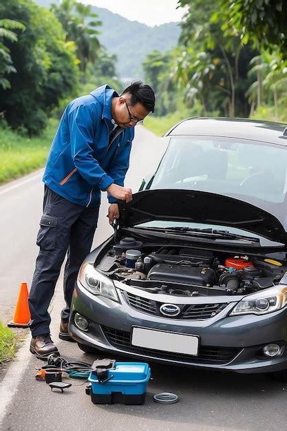 Man Trying To Fix Car Engine Problem On Local Road Premium Ai Generated Image Man Trying To Fix Car Engine Problem On Local Road Premium Ai Generated Image