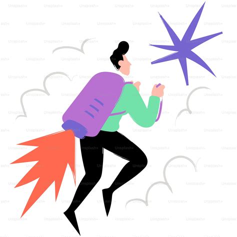 한 사람이 별에 도달하기 위해 제트팩을 가지고 비행하고 있습니다 벡터 Unsplash의 영감 이미지