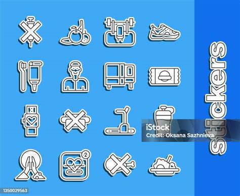 세트 라인 건강 식품 피트니스 셰이커 스포츠 영양 바벨벤치 긍정적 인 생각 칫솔과 치약 도핑 주사기 및 침대 아이콘없음 벡터 가구에 대한 스톡 벡터 아트 및 기타 이미지