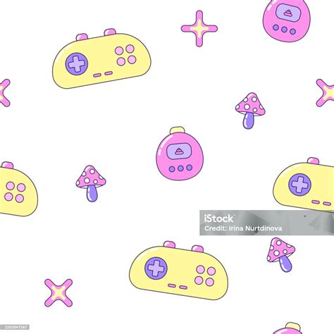 게임 패드와 파리 Agaric 버섯이있는 완벽한 패턴 흰색 배경에 여러 가지 빛깔의 요소 90년대 스타일의 윤곽선이 있는 복고풍 그림 벡터 일러스트 레이 션 1900