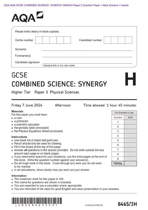 2024 Aqa Gcse Combined Science Synergy 8465 3h Paper 3 Question Paper Mark Scheme Inserts