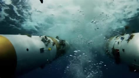 Underwater View Of Two Torpedoes Releasing Bubbles Showcasing Marine