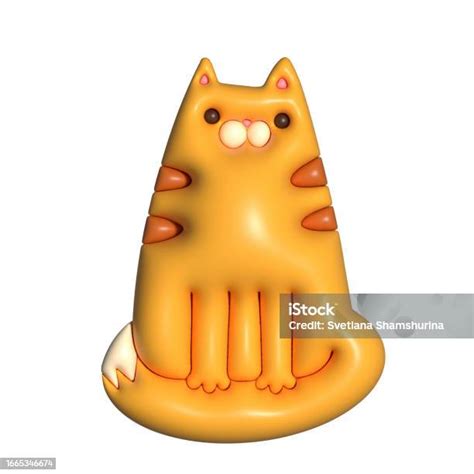 3d 만화는 생강 얼룩 무늬 고양이를 렌더링합니다 앞도 앉아있는 키티 재미있는 이상한 만화 얼굴을 가진 커트 클레이 스타일 캐릭터 래스터 격리 그림입니다 3차원 형태에 대한