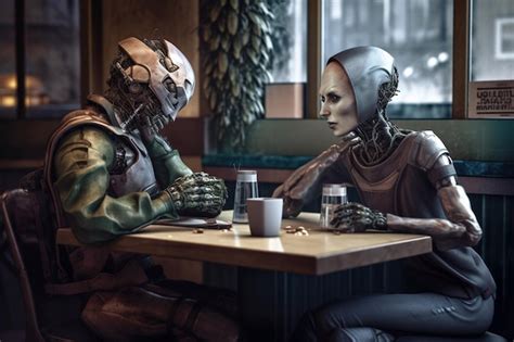 Premium Photo Two Robots Sitting At Table Humanoid Ai Androids In
