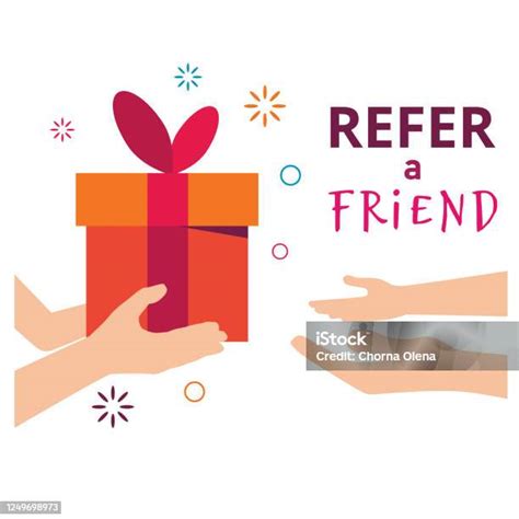 친구를 참조하십시오 추천 마케팅 개념 두 사람의 손과 선물 상자의 그림 벡터 플랫 일러스트레이션 개념에 대한 스톡 벡터 아트 및 기타 이미지 Istock