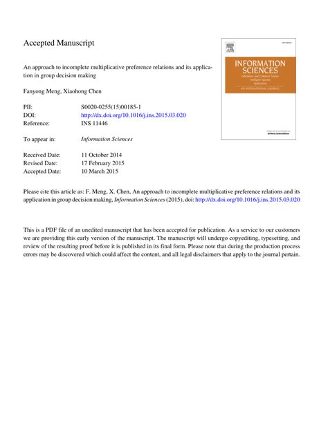 Pdf An Approach To Incomplete Multiplicative Preference Relations And Its Application In Group