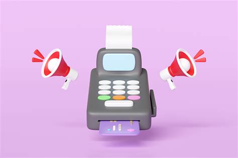 신용 카드 전자 청구서 지불 송장 종이 수표 영수증 분홍색 배경에 격리된 확성기가 있는 3d 지불 기계 또는 Pos 터미널 플로트 3d 렌더링 그림 클리핑 경로 3차원