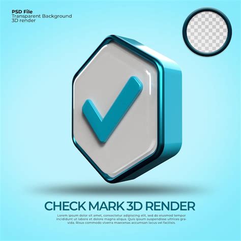 3d рендеринг значков символа галочки синего цвета в изолированном шестиугольнике Премиум Psd Файл