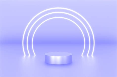 제품 배경 단계 또는 연단을 위한 3d 플랫폼 파란 색깔 및 반지 네온 백색 색깔을 가진 빈 전시 플랫폼 3d 일러스트레이션 렌더링 0명에 대한 스톡 사진 및 기타 이미지