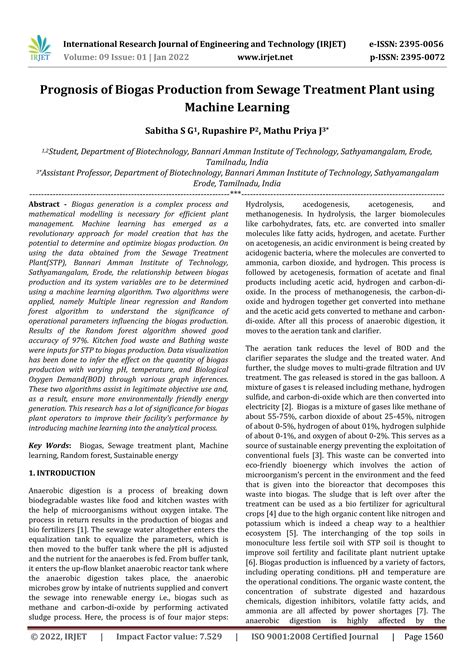 Prognosis Of Biogas Production From Sewage Treatment Plant Using Machine Learning Pdf