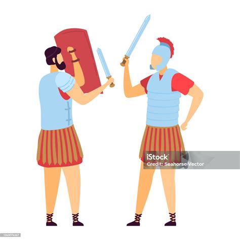 그리스 로마 남성 캐릭터 전사 고대 군인 공격 방패와 칼 수비수 흰색에 고립 된 오래된 시간 전투기 평면 벡터 일러스트 가죽에 대한 스톡 벡터 아트 및 기타 이미지 Istock