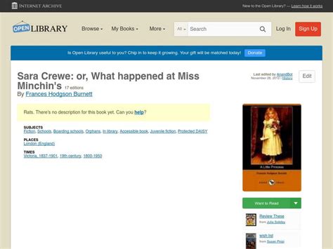 Open Library Sara Crewe Or What Happened At Miss Minchins By Frances Burnett Primary For 4th