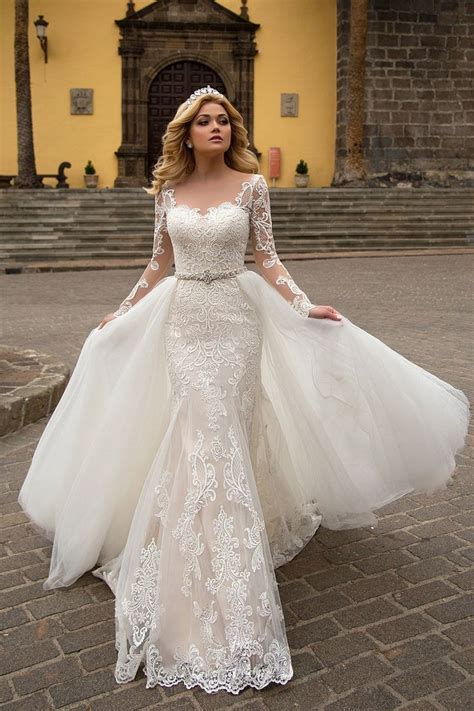 2019 Sirena Tul Mangas Largas Vestidos De Novia Con Apliques Y Perlas