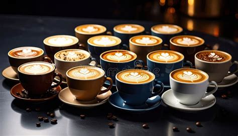 Assorted Coffee Cups With Latte Art Hot Drinks On Dark Table Multiple