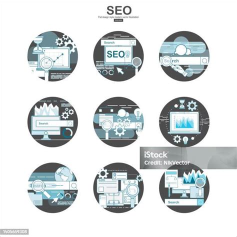 Flat Design Vector Illustration Icons Set Of Analytics Search Information And Website Seo