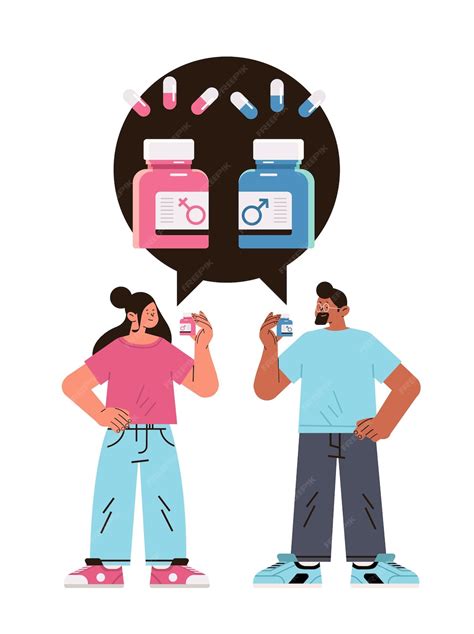 Premium Vector Couple Holding Oral Contraceptive Blue And Pink Pills