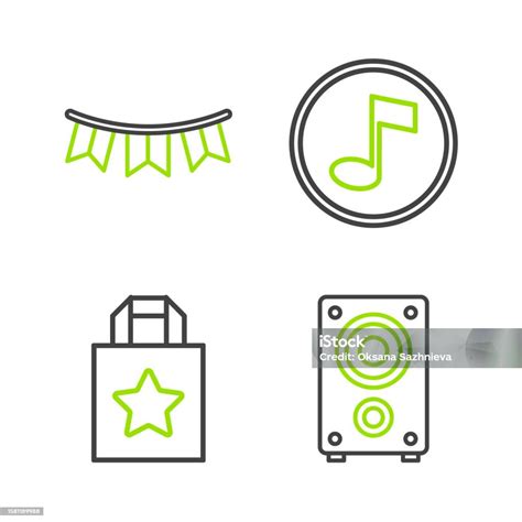 라인 스테레오 스피커 종이 쇼핑백 음악 노트 음색 및 깃발 아이콘이 있는 카니발 화환을 설정합니다 벡터 갈란드 장식품에 대한 스톡 벡터 아트 및 기타 이미지 Istock