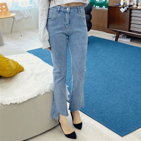 L~2xl 슬림핏 세미부츠컷 데님팬츠 스판 밑단 언발 컷팅 청바지 에이블리