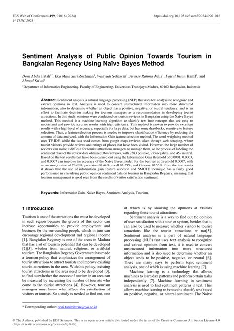 Pdf Sentiment Analysis Of Public Opinion Towards Tourism In Bangkalan Regency Using Naïve