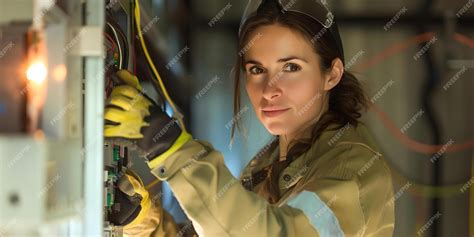 Skilled Woman Electrician In Safety Gear Repairing Fuse Box Concept Electrician Safety Gear