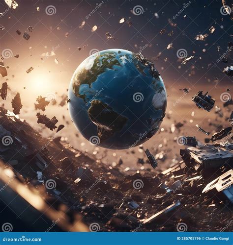 Planet Earth Surrounded By Space Debris Stock Illustration