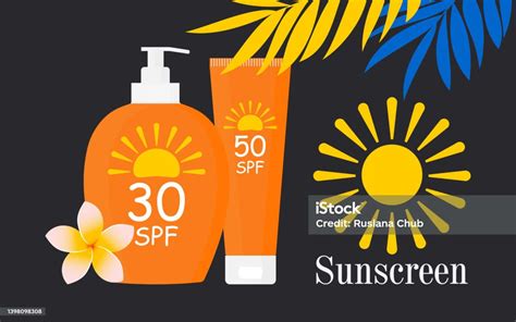 열대 잎이있는 검은 배경에 다른 Spf가있는 튜브와 선 스크린 병 휴일 및 더운 계절에 여행을위한 자외선 차단 화장품 벡터 개념에 대한 스톡 벡터 아트 및 기타 이미지