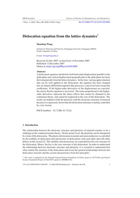 Pdf Dislocation Equation From The Lattice Dynamics