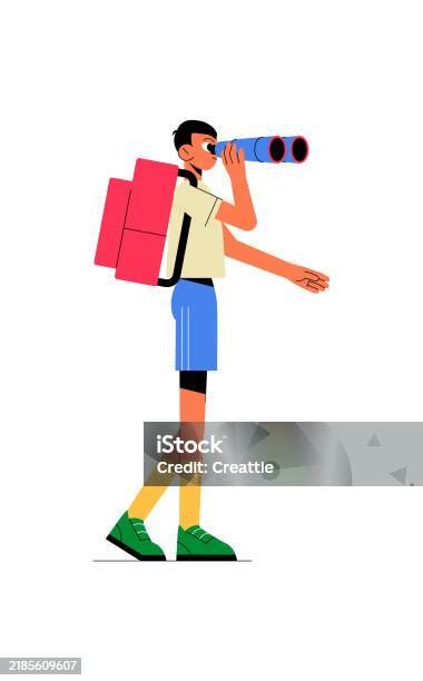 쌍안경을 가진 남성 등산객 탐험 야외 모험 및 자연 관찰을 상징하는 평면 벡터 일러스트 레이 션 흰색 배경에 고립되어 있습니다 개념에 대한 스톡 벡터 아트 및 기타 이미지