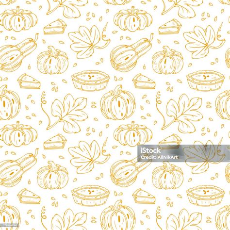 추수감사절은 벡터 배경을 반복한다 가을 수확 기호 원활한 패턴입니다 호박 파이 잎 및 다양한 종류의 호박을 개략적으로 설명합니다 건강에 좋은 음식 빵집 야채 그림입니다