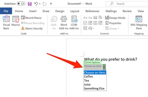 how to add a drop down list to a word document