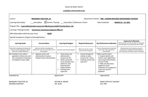 Template Learning Action Plan Davao City Water District Learning Application Plan Learner