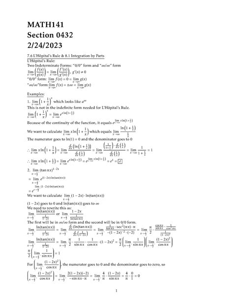 Math141 Lecture Notes Feb 24 Math Section 0432 2 24 7 Lhˆopitals Rule And 8 Integration By
