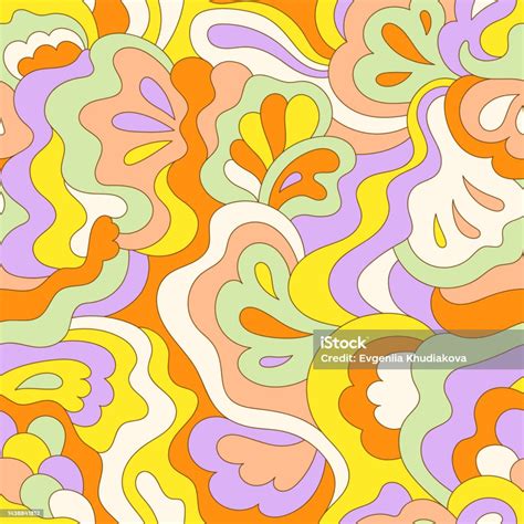 사이키델릭 히피 완벽 한 패턴입니다 빈티지 물결 모양의 배경 벡터 향수 복고풍 60 년대 그루비 그림입니다 구식 손으로 그린 순진한 기하학적 인쇄가 있는 섬유 및 표면