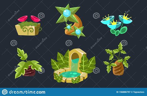 Fantasy Landscape Elements Set Fantastic Trees Plants And Flowers User Interface Assets For