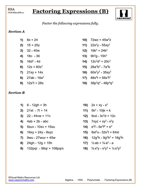 Algebra Factorisation Factoring Expressions B Pdf