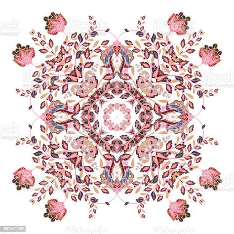 화려한 장식 꽃 페이 즐 리 숄 손수건 베개 스카프 사각형 패턴입니다 자세한 꽃 스카프 디자인입니다 흰색 바탕에 파스텔 핑크 동부 장식입니다 바 틱 0명에 대한 스톡 벡터
