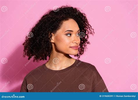 Portrait Of Pretty Young Lady Look Empty Space Wear Brown T Shirt