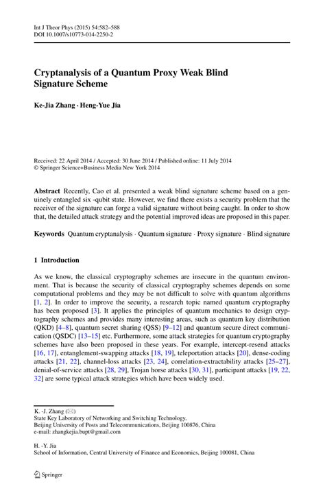 Pdf Cryptanalysis Of A Quantum Proxy Weak Blind Signature Scheme