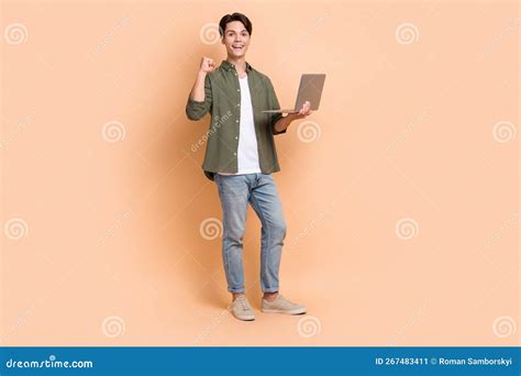 Full Body Size Photo Of Young Man Work Freelance It Programmer Professional First Code Done Fist