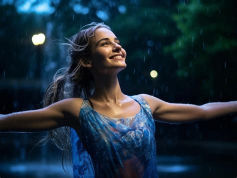 Premium Ai Image Carefree Woman Joyfully Dances In The Refreshing Rain