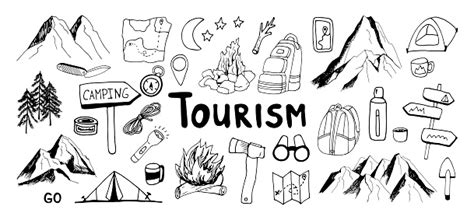 거대한 손으로 그린 벡터 캠핑 과 산 클립 아트 세트 인쇄 포스터 귀여운 문구류 여행 디자인에 흰색 배경 도면에 고립 고품질 일러스트레이션 그리기에 대한 스톡 벡터 아트 및
