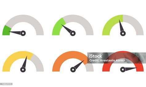 대시 보드 다채로운 속도계 아이콘이 설정되었습니다 성능 표시기 기호 빠른 인터넷 속도 표시 플랫 벡터 그림 1위에 대한 스톡
