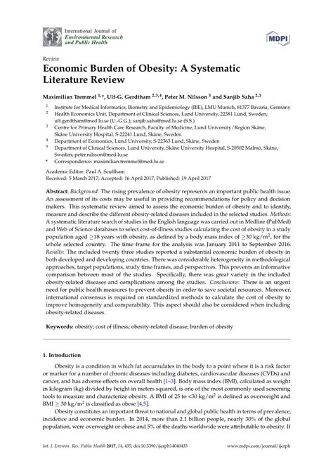 Pdf Economic Burden Of Obesity A Systematic Literature Review